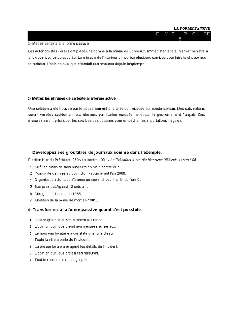 La Forme Passive Exercices Pdf Voyages 5111