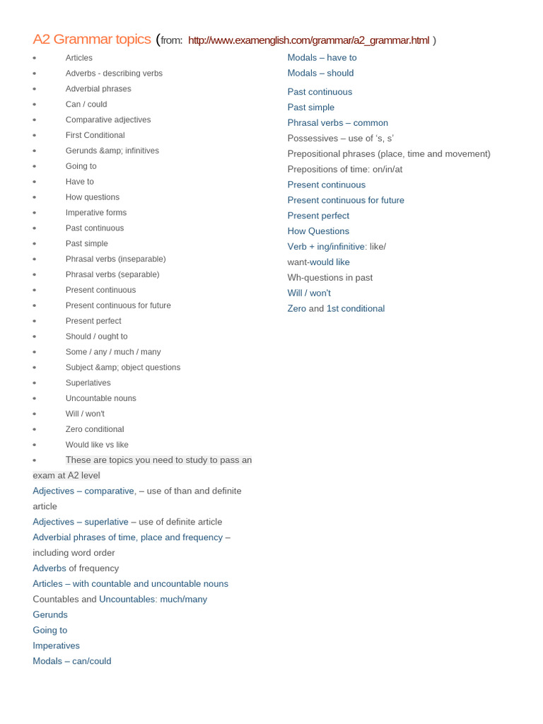 A2 Level English Grammar Topics List | PDF | Career & Growth | Language ...