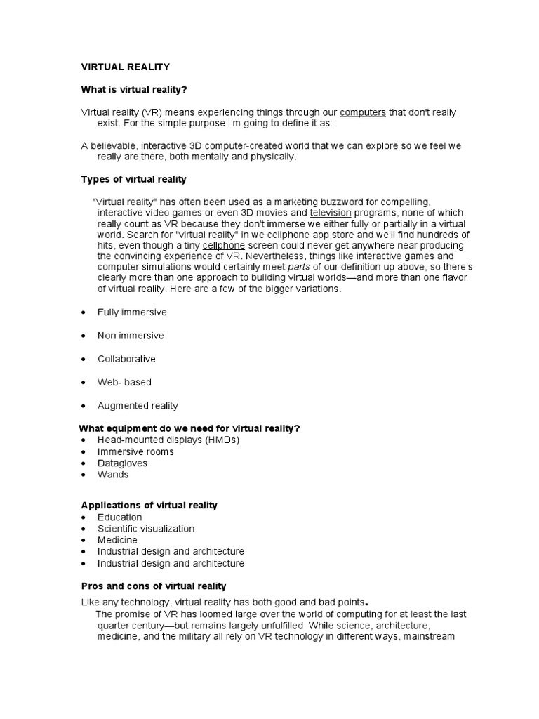 Virtual Reality What Is Virtual Reality? | PDF