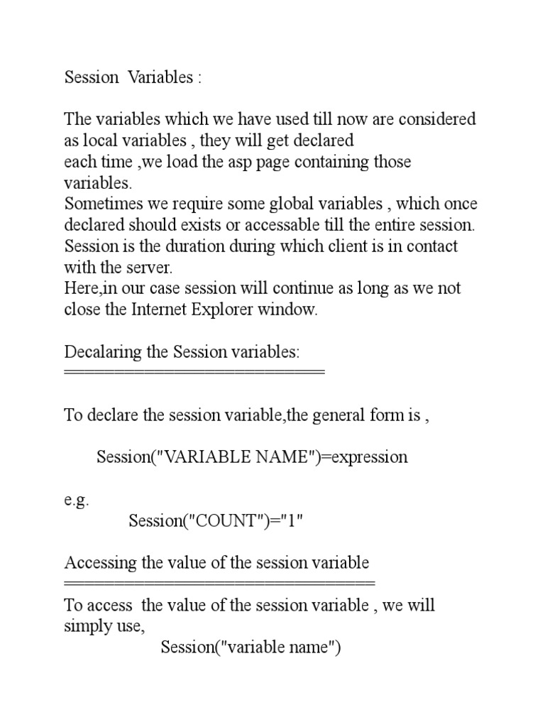 Session Variables Variable Computer Science Active Server Pages