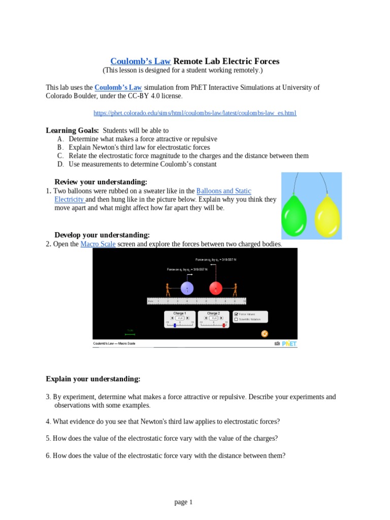 Coulomb Law Remote Lab | PDF | Electrostatics | Electric Charge