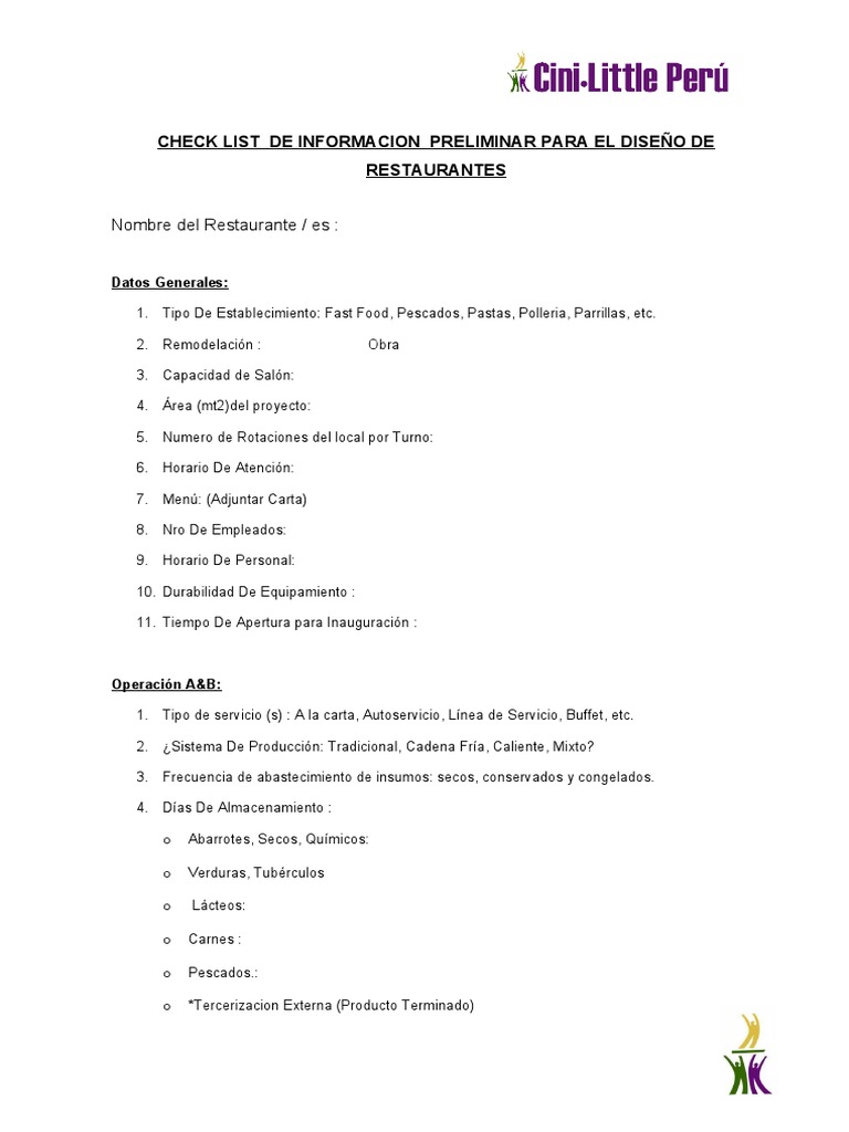 Check List Restaurantes para Consecion Lima Marina Club | PDF