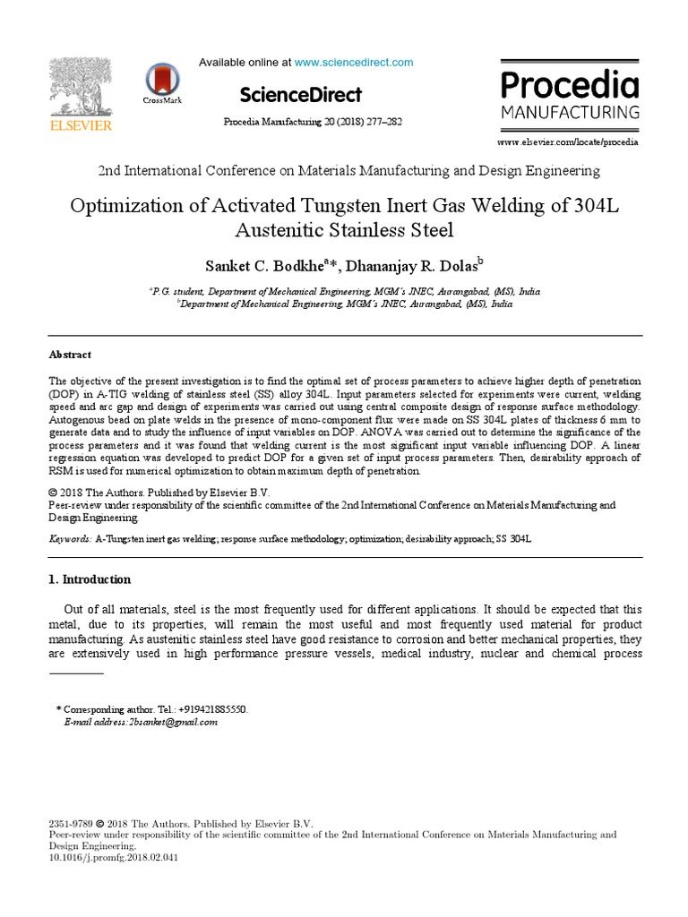 Optimization Of Activated Tungsten Inert Gas Welding Of 304l Austenitic Stainless Steel Pdf
