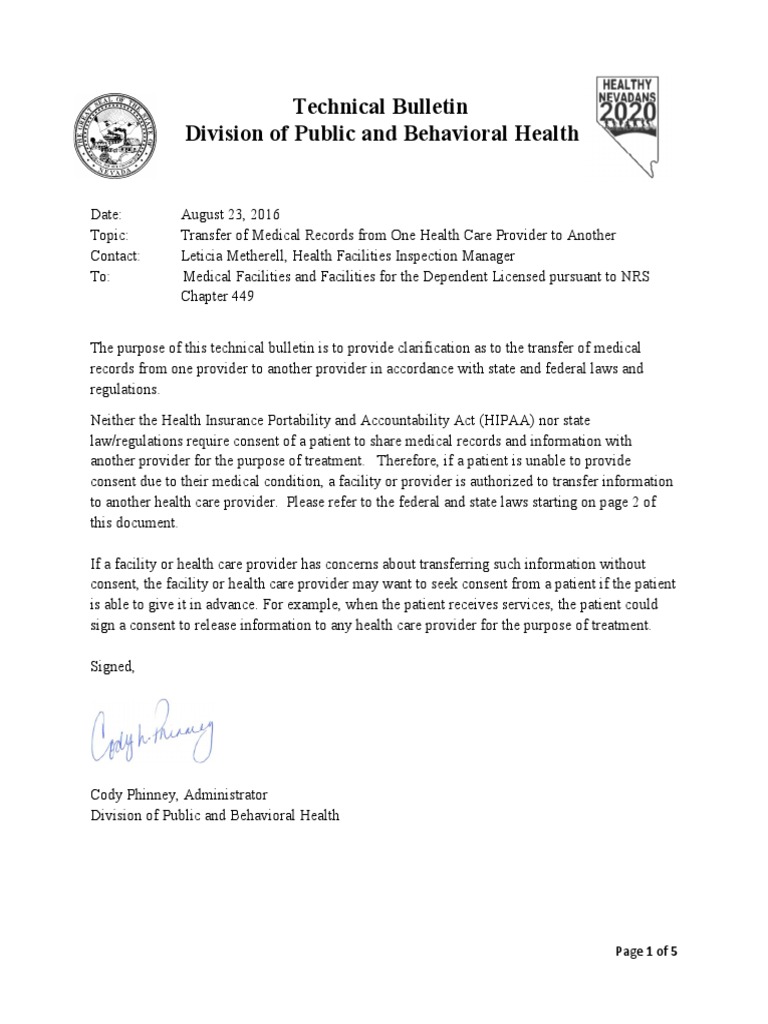 DPBH Technical Bulletin 08-23-16 - Transfer of Medical Records | PDF ...
