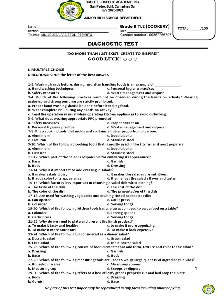 Buhi St. Joseph’s Academy Diagnostic Test for Grade 9 TLE (Cookery ...