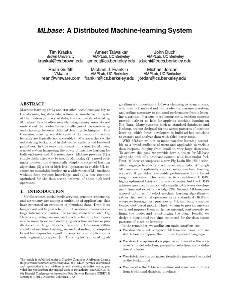 Mlbase: A Distributed Machine-Learning System | PDF | Machine Learning ...