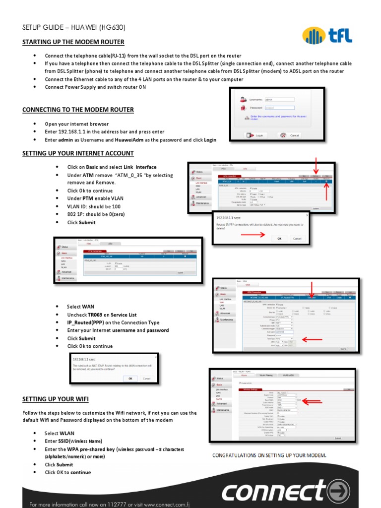 Huawei HG630 Modem Setup Guide - Dec2016 (VDSL) | PDF