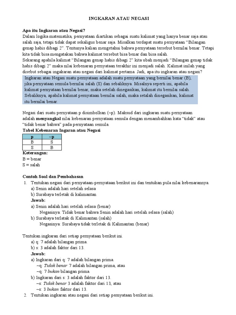 Ingkaran Atau Negasi (Pertemuan Ke-2) | PDF