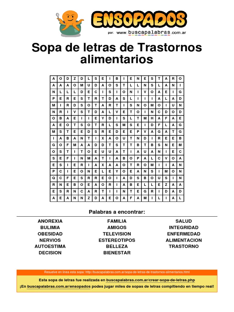 Sopa de letras: Trastornos alimentarios | PDF | Construccionismo social ...