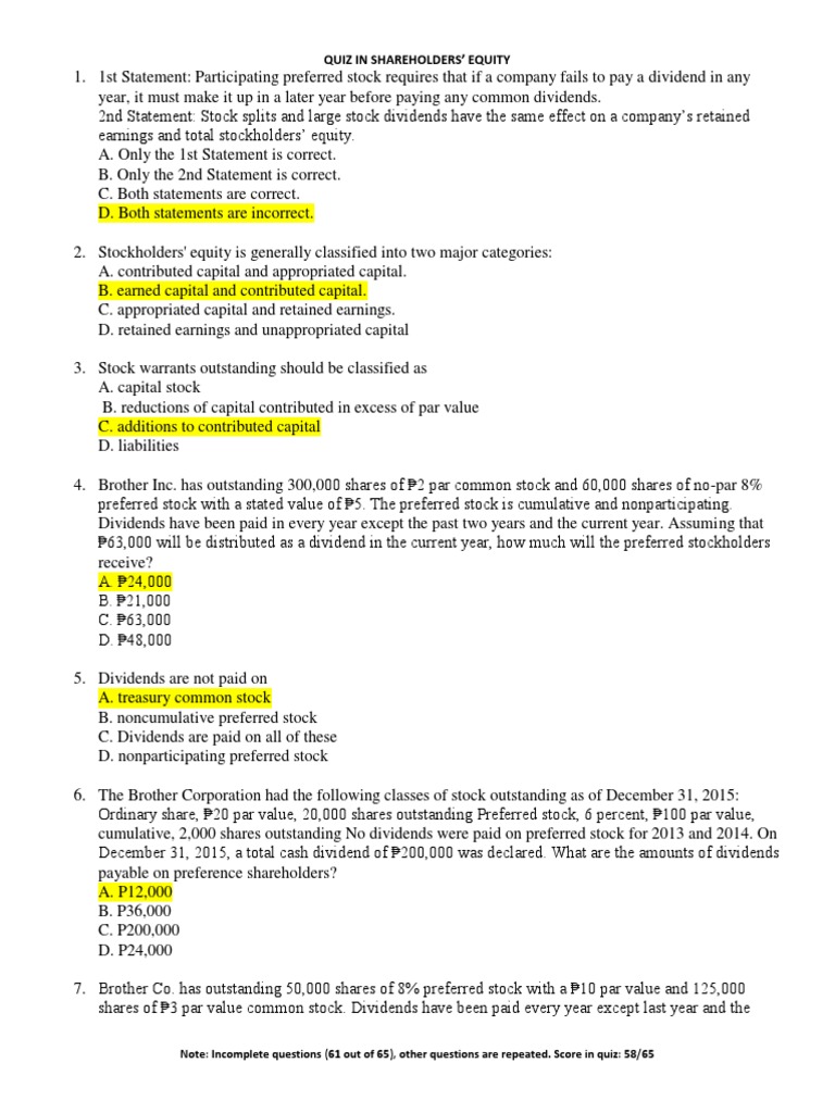 Quiz in Shareholders' Equity | PDF | Treasury Stock | Stocks