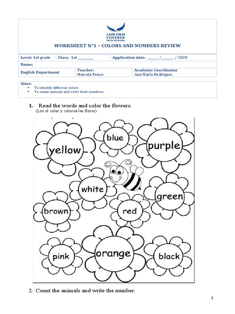 Read The Words and Color The Flowers.: Worksheet N°1 - Colors and ...