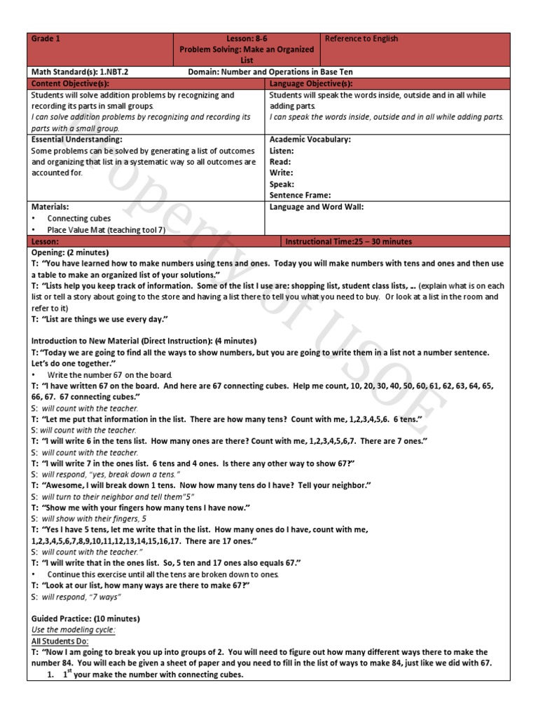 1st Grade Math 8 6 Problem Solving Make An Organized List | PDF ...