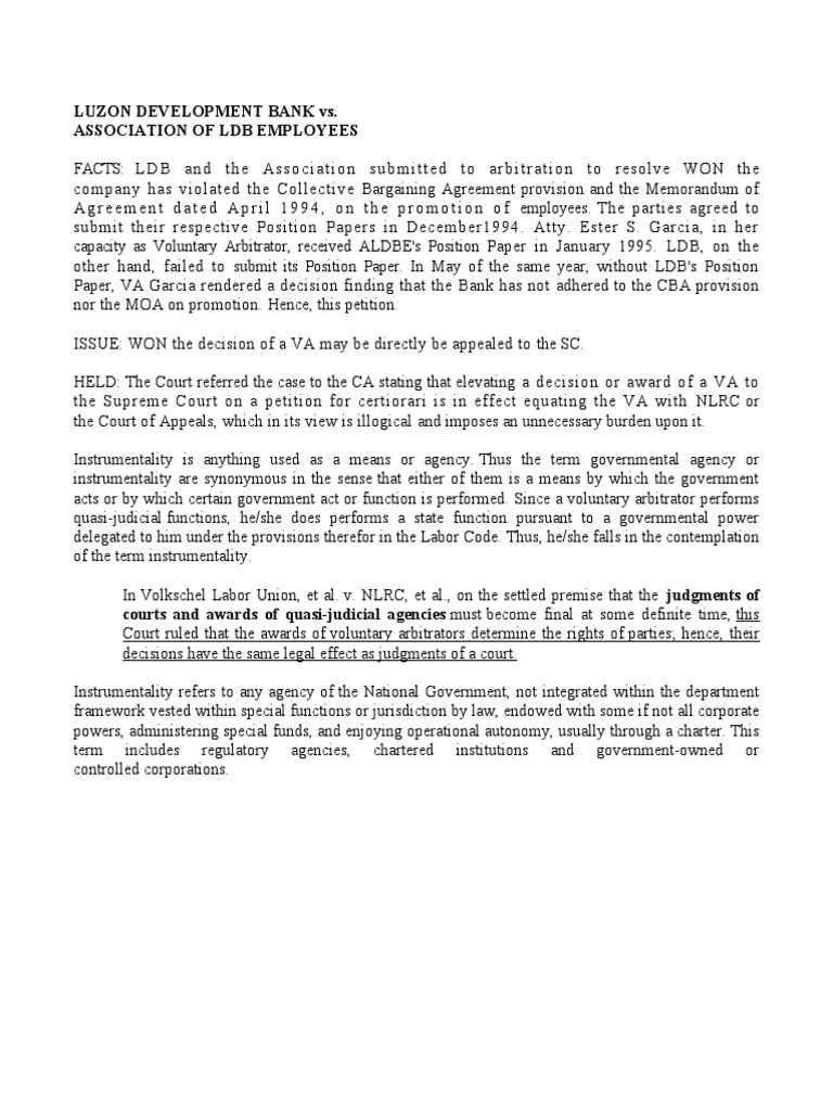 Luzon Development Bank Vs Associate of Luzon Development Bank Employees ...