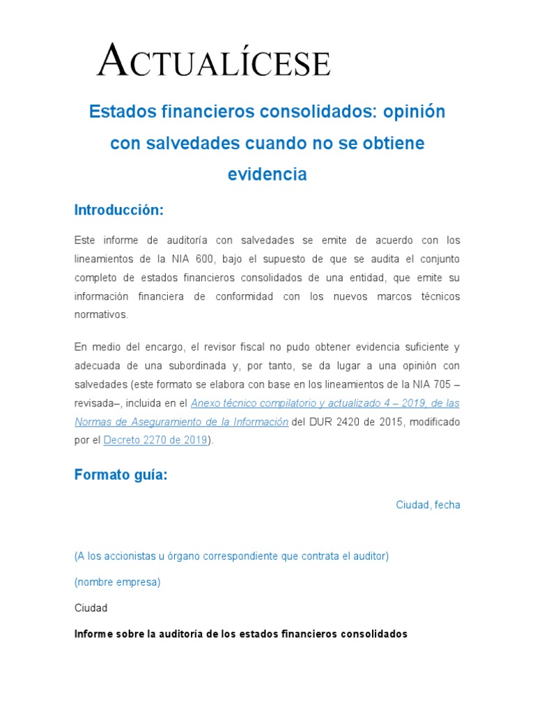 Estados Financieros Consolidados Opinion Con Salvedades | PDF | Auditoría | Contralor