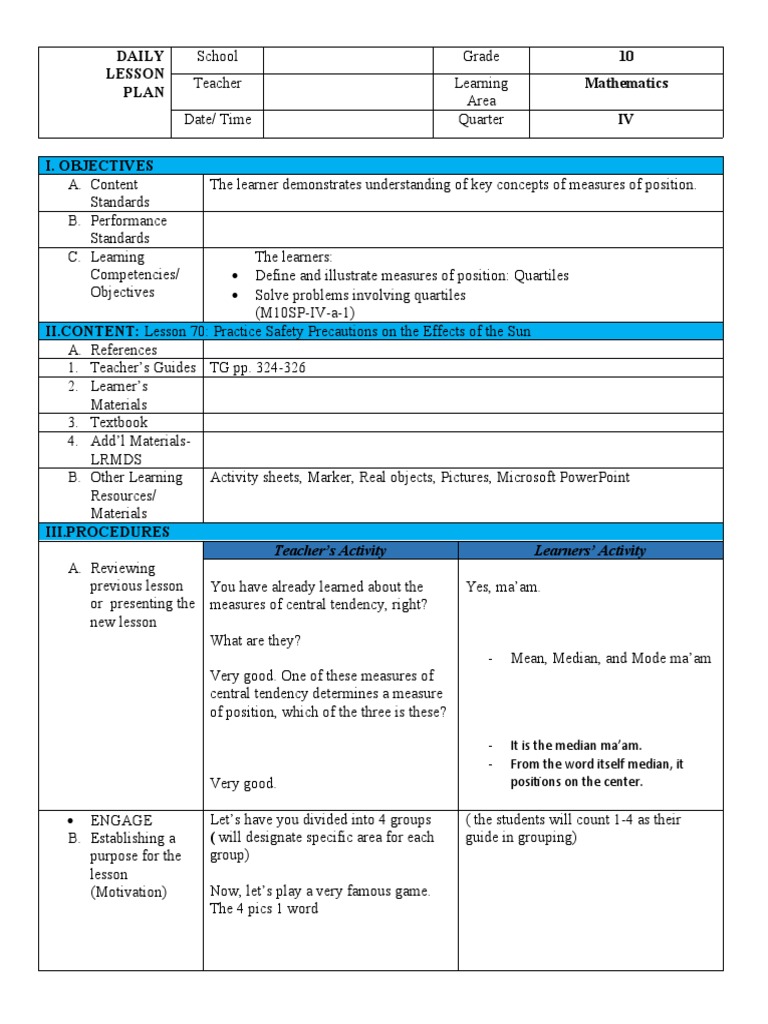 Deciles Lesson Plan | PDF | Quartile | Cognition