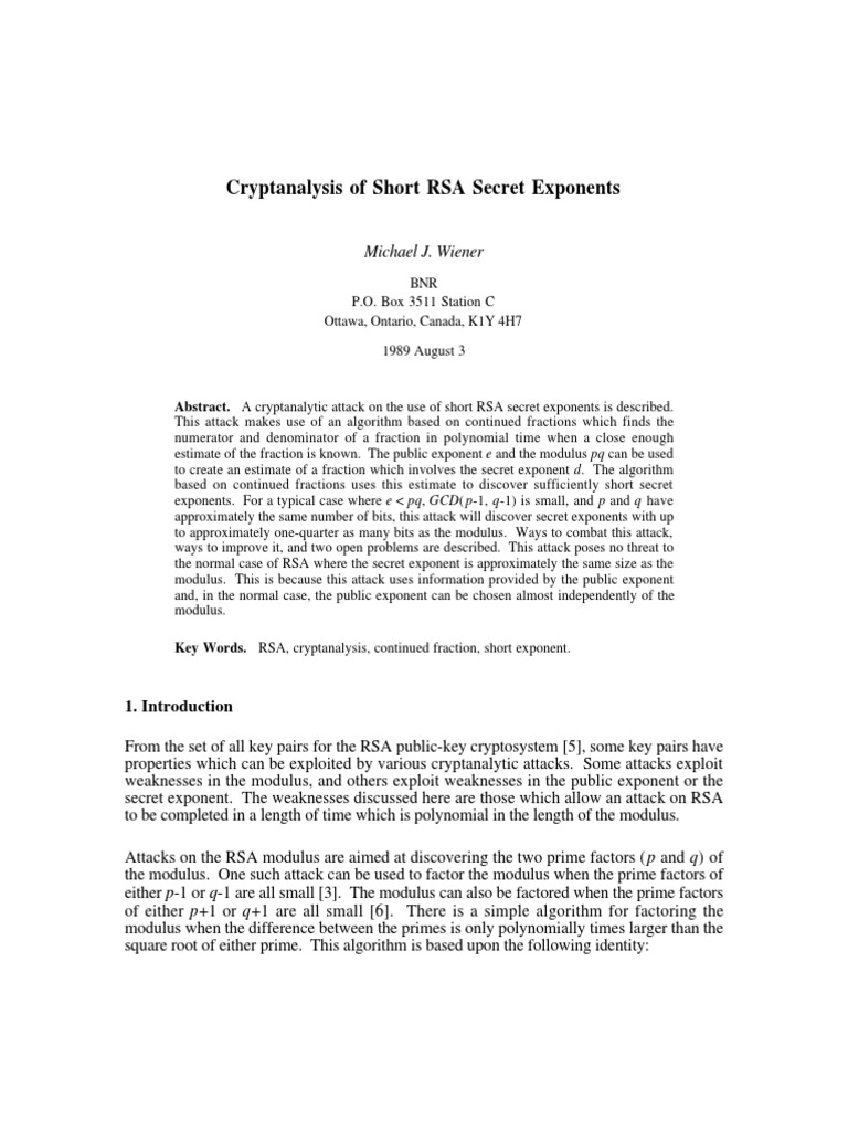 EN - Cryptanalysis of Short RSA Secret Exponents PDF | PDF ...