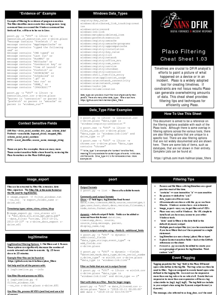 Plaso Filtering: Cheat Sheet 1.03 | PDF | Comma Separated Values | Parsing