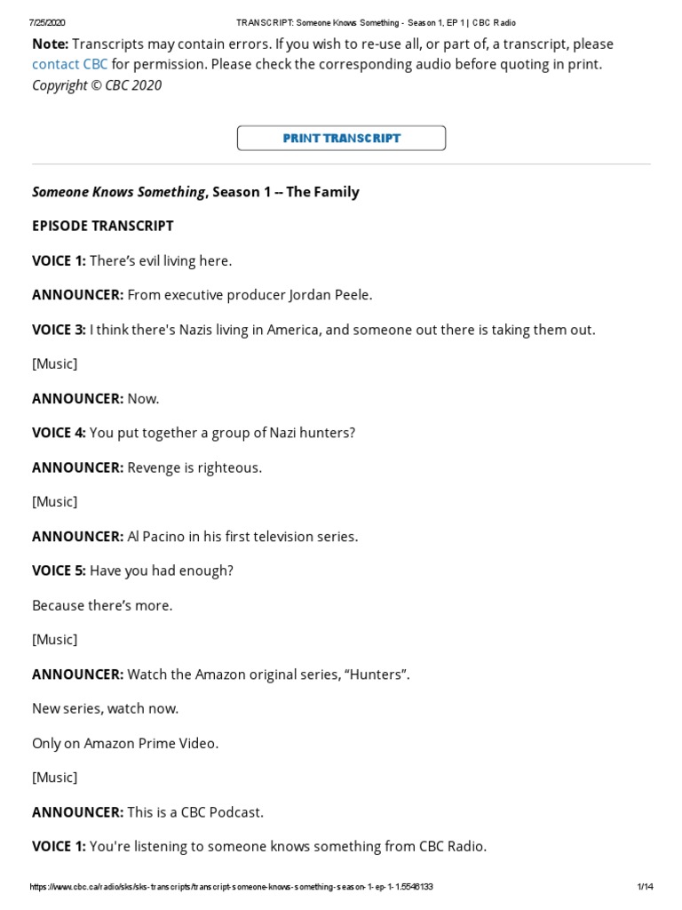 Someone Knows Something, Season 1 - The Family | PDF