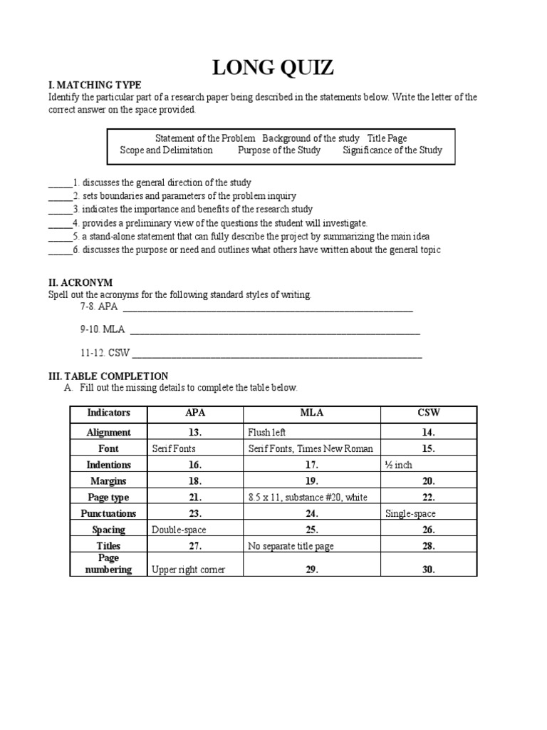 Research Paper Components Quiz | PDF