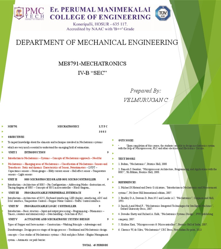 Department of Mechanical Engineering: Me8791-Mechatronics Iv-B "Sec" | PDF | Mechatronics ...