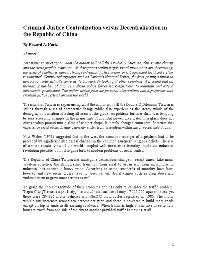 Criminal Justice Centralization Versus Decentralization in The Republic ...