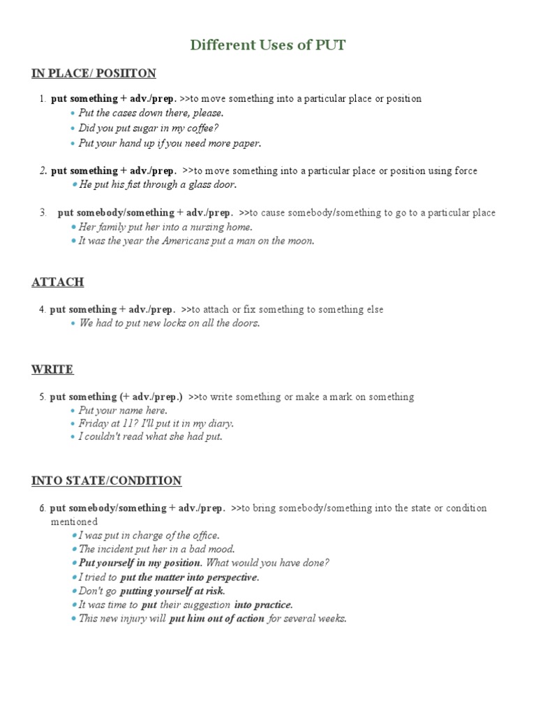 Different Uses of PUT: in Place/ Posiiton | PDF | Linguistics ...