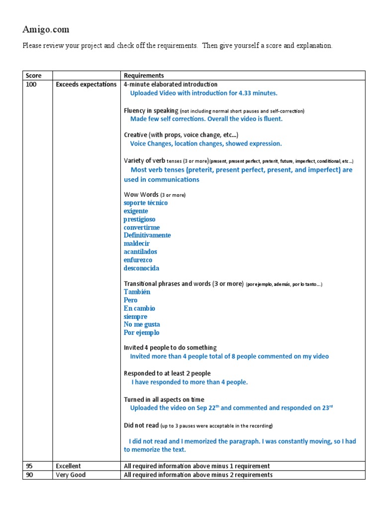 Rubric and Reflection | PDF | Fluency | Grammatical Tense