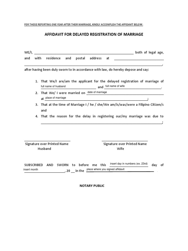 Affidavit For Delayed Registration of Marriage PDF | PDF