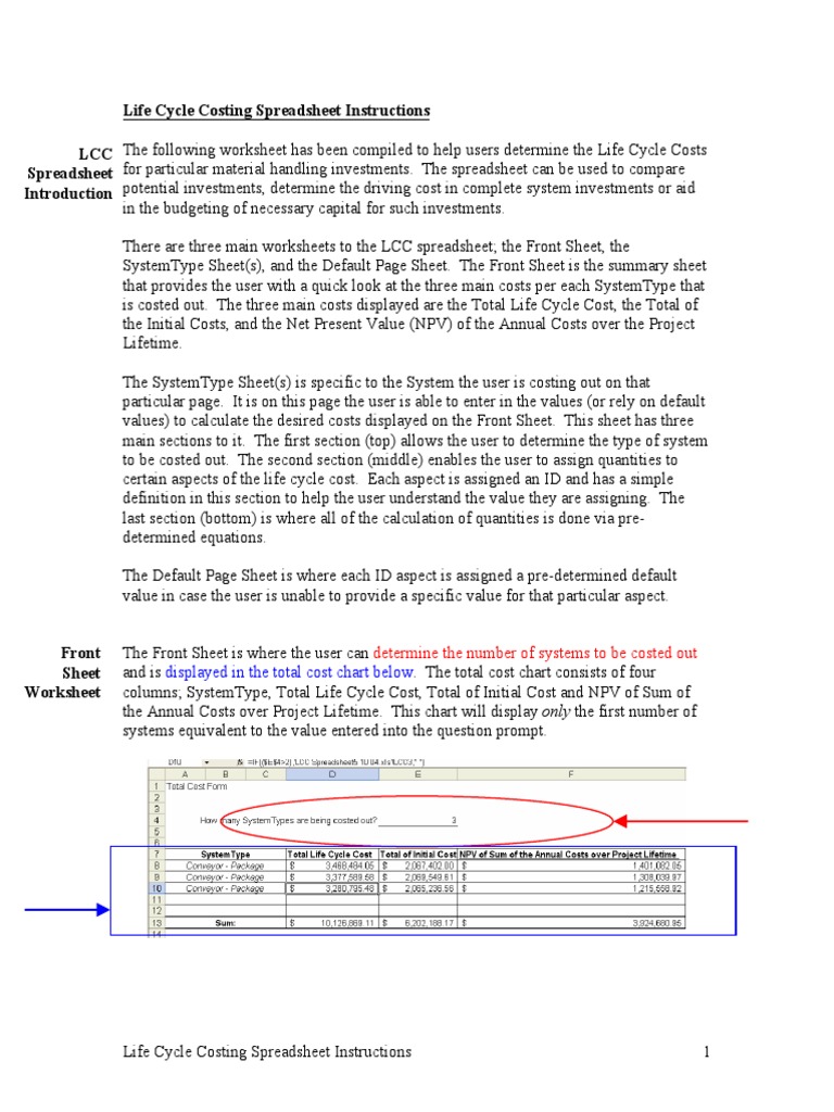 Life Cycle Costing Spreadsheet Instructions LCC Spreadsheet: Displayed ...