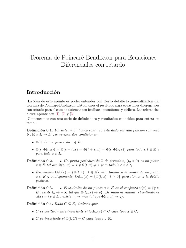 Apunte Poincare-Bendixson Con Retardo1 | PDF | infinito | Espacio compacto
