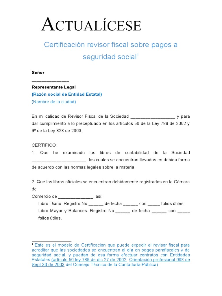 Modelo Certificacion Revisor Fiscal | PDF | Contador | Gobierno Modelo Certificacion Revisor Fiscal | PDF | Contador | Gobierno