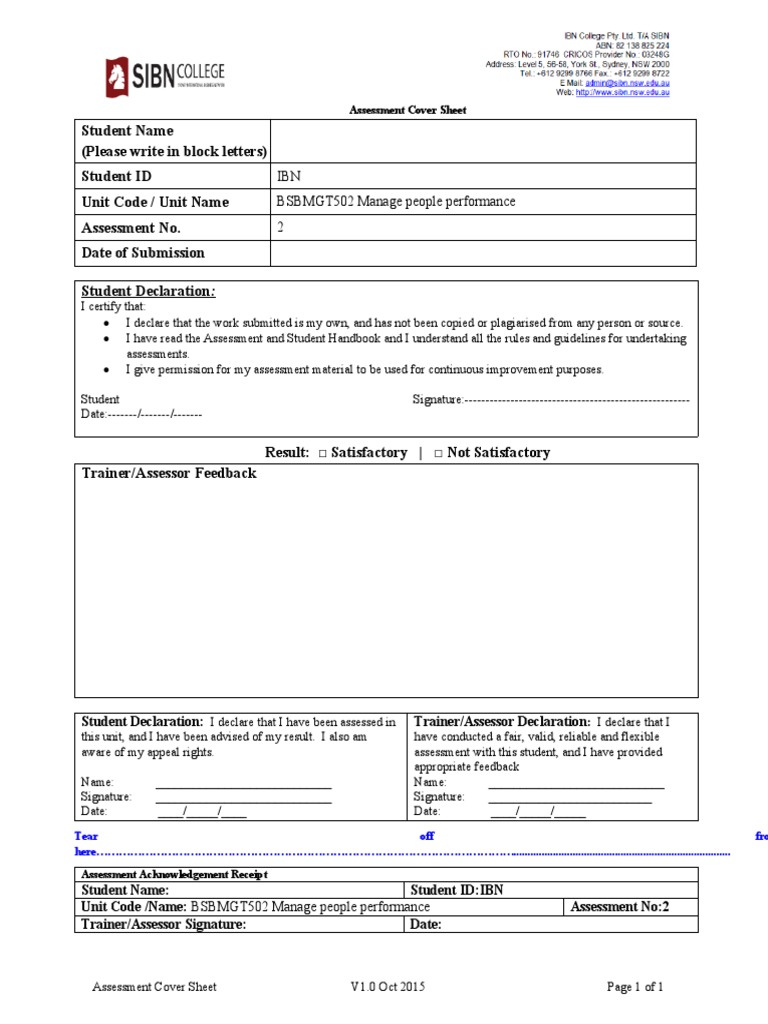 Assessment Cover Sheet V1.0 | PDF