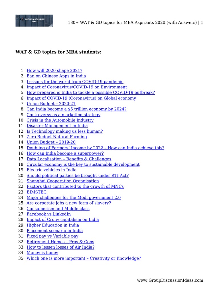 180-wat-gd-topics-for-mba-aspirants-2020-with-answers-pdf