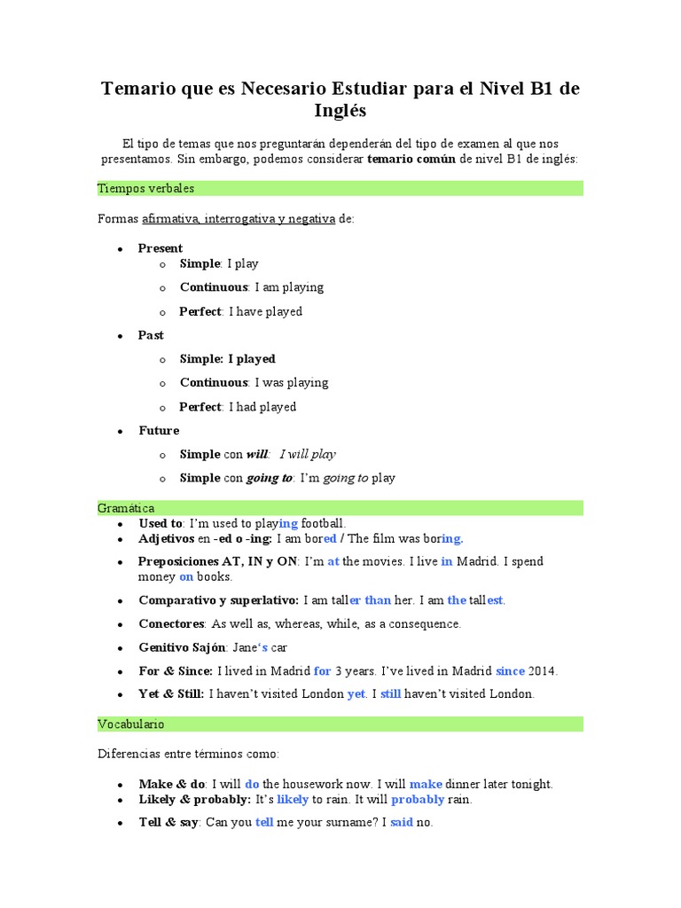 Temario Que Es Necesario Estudiar para El Nivel B1 de Inglés | PDF