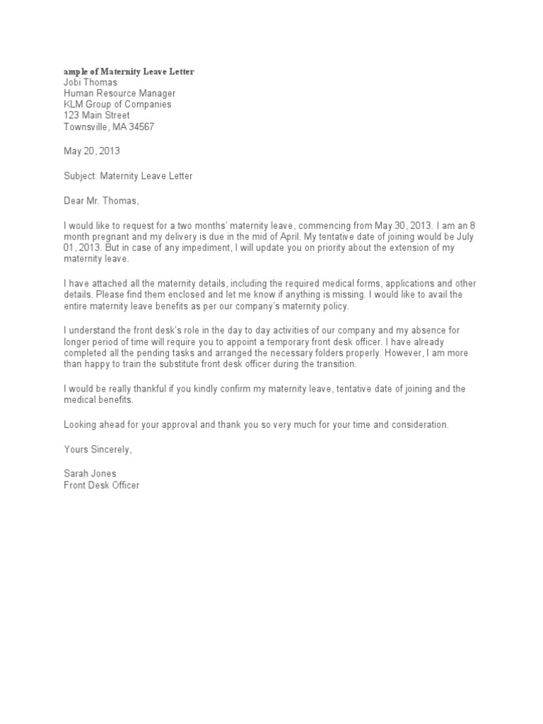 Maternity Leave Request Sample Letter | PDF