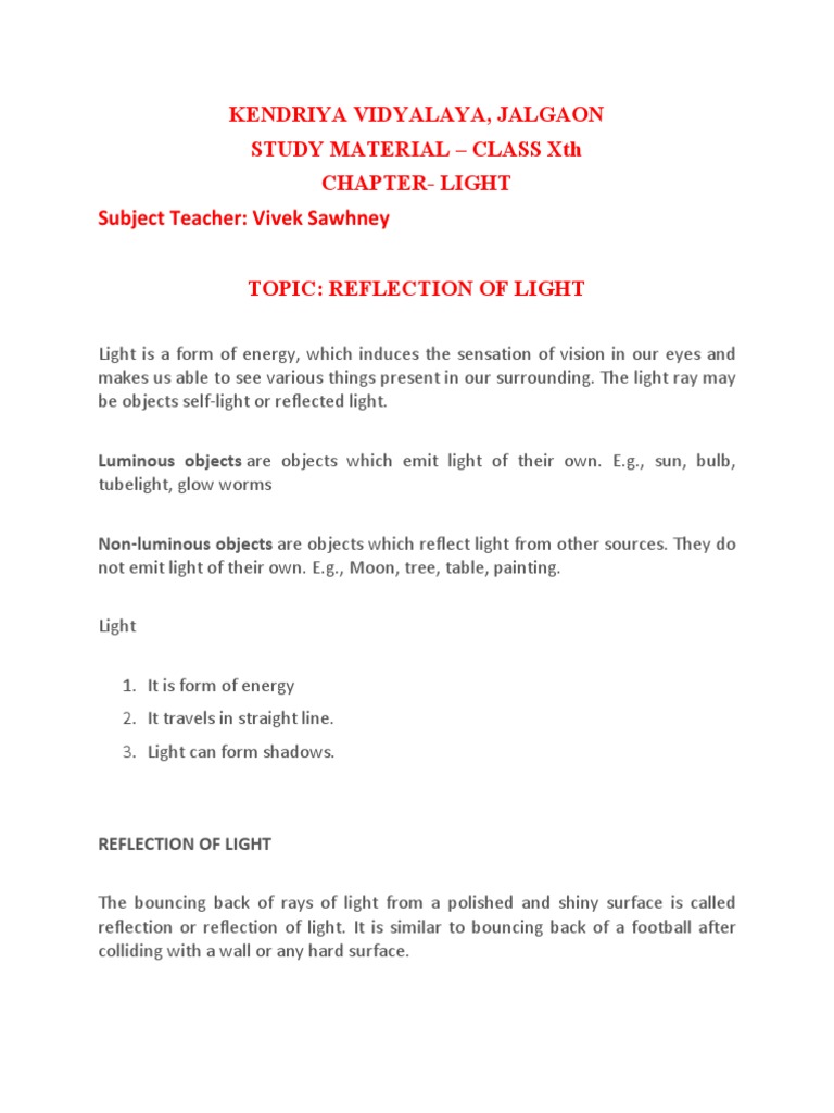 Class 10 Light | PDF | Reflection (Physics) | Mirror