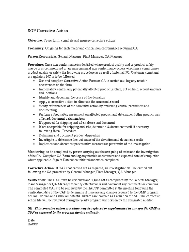 SOP Corrective Action: SOP As Approved by The Program Signing Authority ...