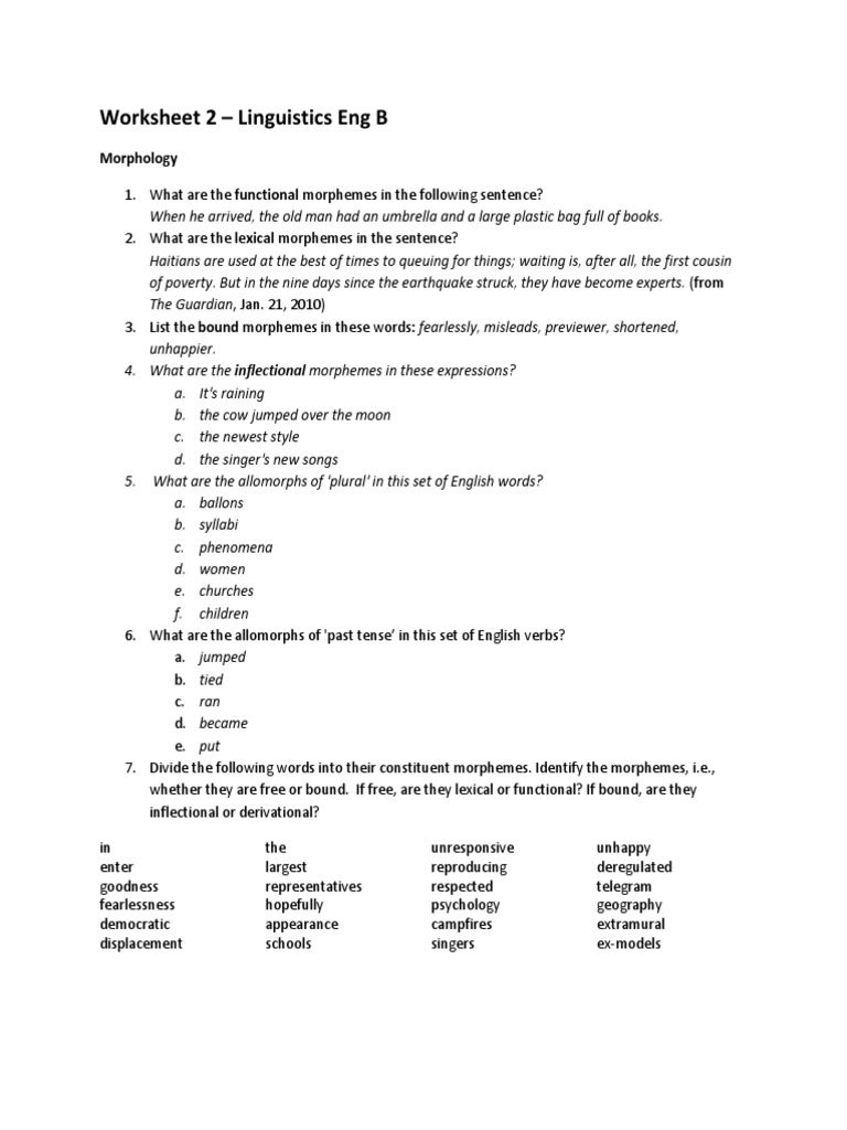 Worksheet 2 - Linguistics Eng B: Morphology | PDF | Linguistics ...