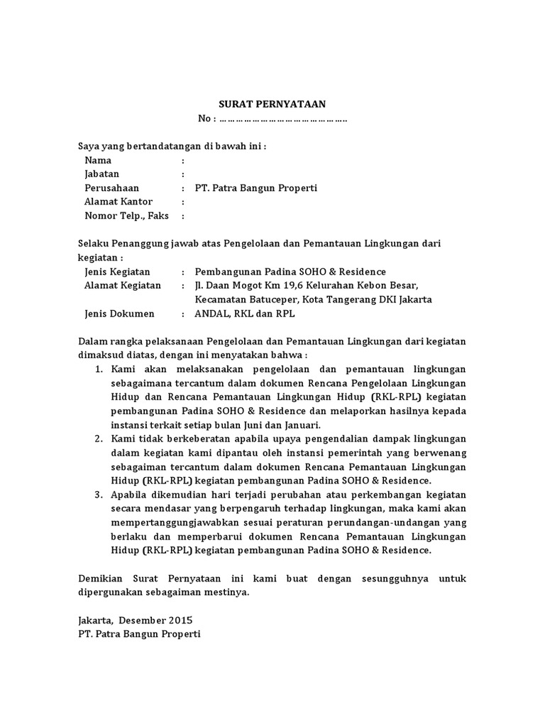 Surat Pernyataan Pelaksanaan RKL-RPL | PDF