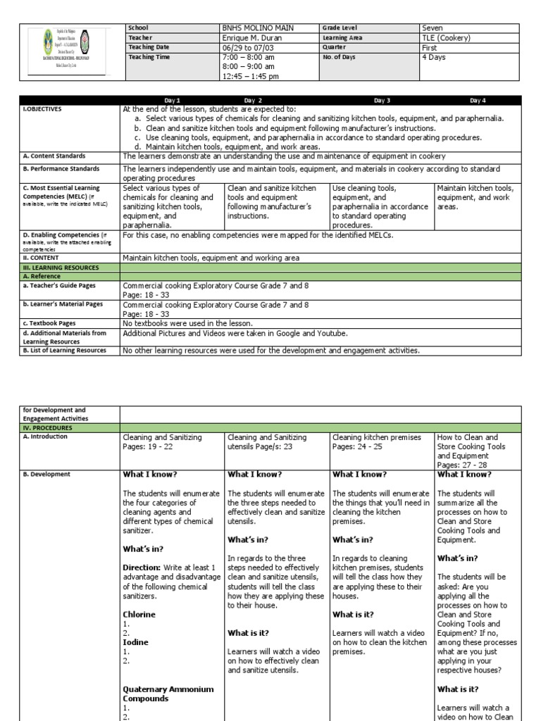Lesson Exemplar 4 Days Cleaning and Sanitizing | PDF | Disinfectant ...