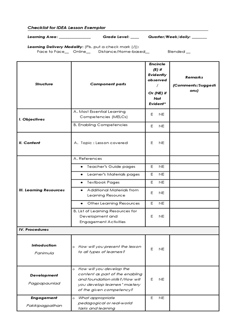 IDEA Lesson Exemplar Checklist | PDF | Learning | Applied Psychology
