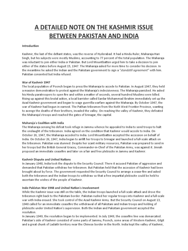 A Detailed Note On The Kashmir Issue Between Pakistan and India | PDF ...