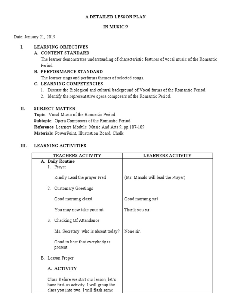 A DETAILED LESSON PLAN in Music 9 | PDF | Giuseppe Verdi | Opera