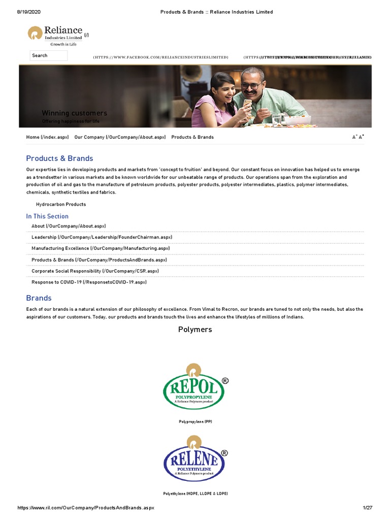 Products & Brands - Reliance Industries Limited | PDF | Luxury Goods | Yarn
