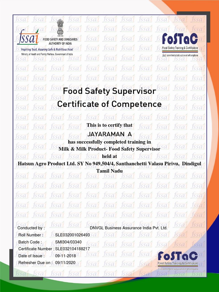 Food Safety Supervisor Certificate of Competence: Jayaraman A | PDF