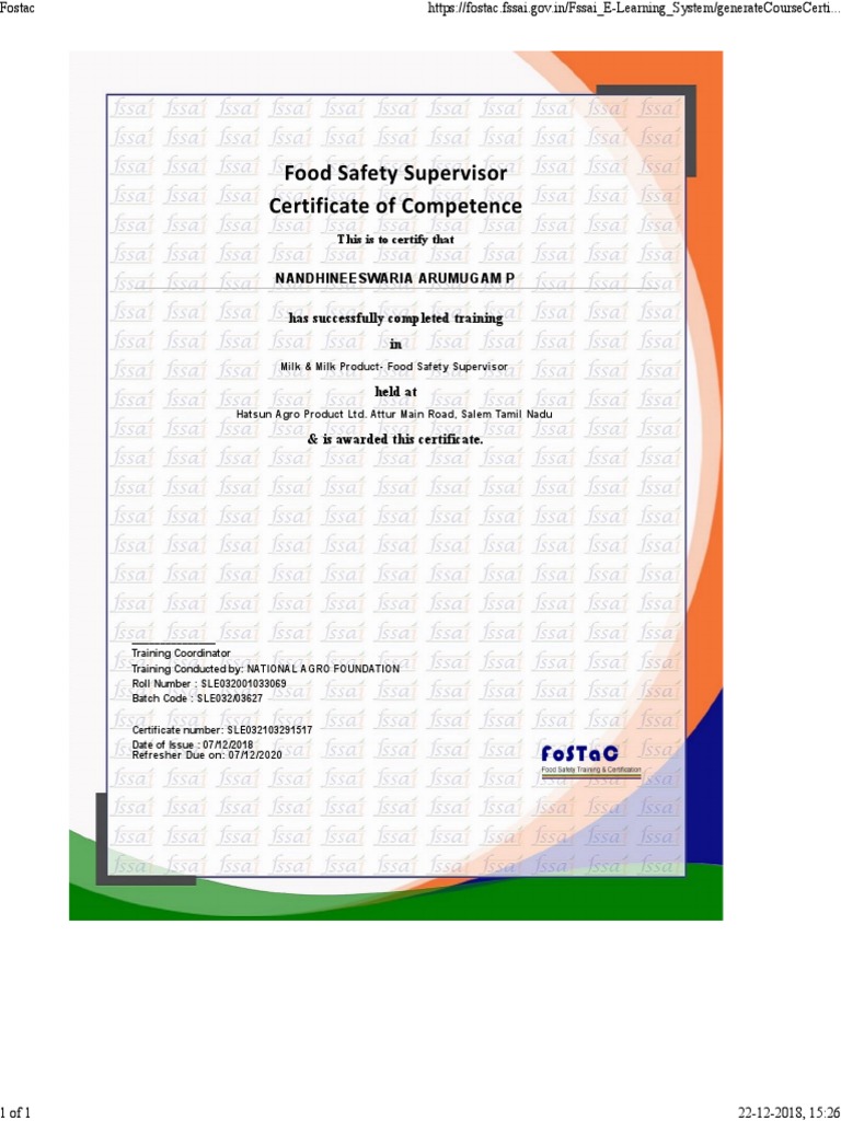 Certificate of Completion for Training in Milk and Milk Product Food ...