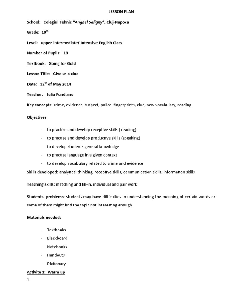 Lesson Plan Give Us A Clue | PDF | Vocabulary | Adjective