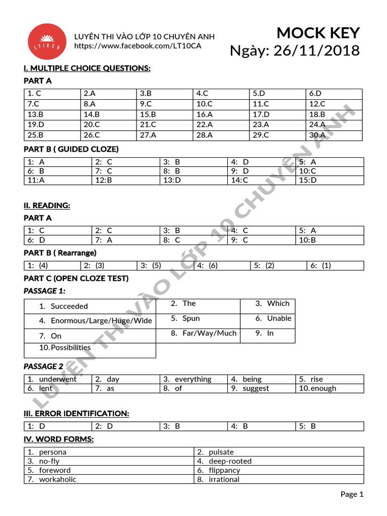 Mock Key: I. Multiple Choice Questions: Part A | PDF | Cognition