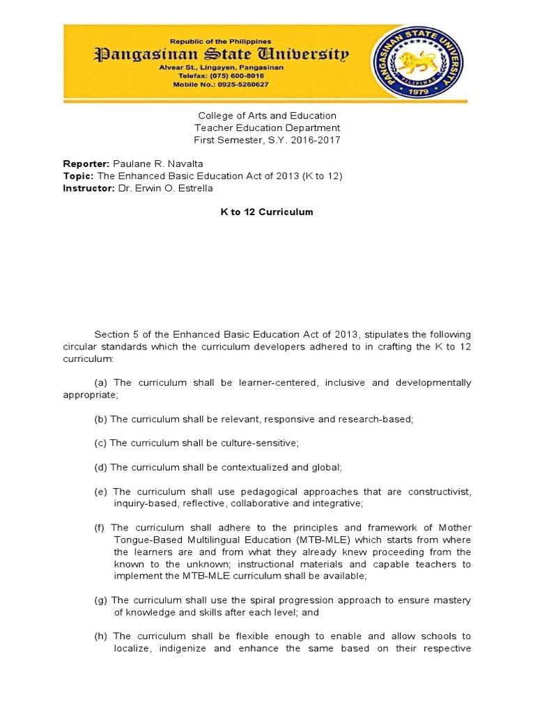 The Enhanced Basic Education Act of 2013 (K To 12) | PDF | Curriculum ...