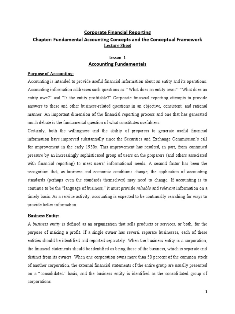 Corporate Financial Reporting Chapter: Fundamental Accounting Concepts and The Conceptual ...